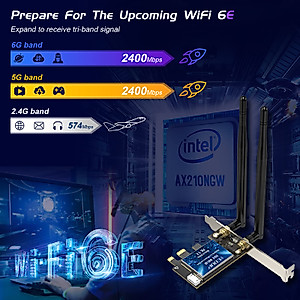 EDUP PCIe WiFi 6E Card Bluetooth 5.2 AX 5400 Mbps AX210 Tri-Band 6Ghz/5.8GHz/2.4GHz PCI-E Wireless WiFi Network Adapter Card for Desktop PC Windows10/11 64-bit