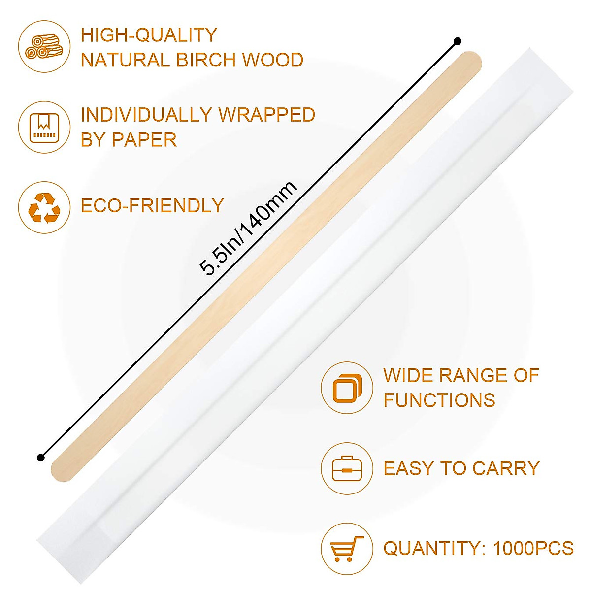 Amkoskr 1000Pcs Disposable Wood Coffee Stir Sticks Stirrers Individually Paper Wrapped Coffee Tea Beverage Stirrers Stirrings 5.5 Inch,140mm