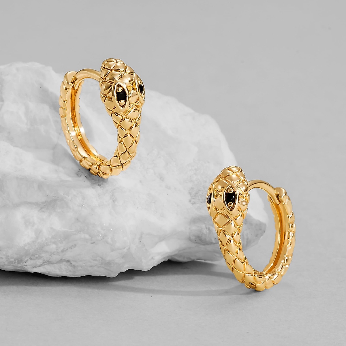 DREMMY STUDIOS Dainty Gold Snake Huggie Hoop Earrings 14K Gold Filled Snake Charm Huggie Earrings Hypoallergenic Black Eye Snake Hoop Earrings Minimalist Personalized Gift for Her