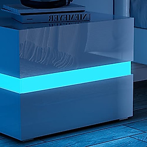IKIFLY Modern LED End Table with 2 Drawers, High Glossy Nightstand with Storage Cabinet, Bedside for Bedroom Furniture