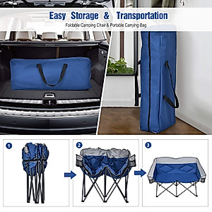 Goplus Loveseat Camping Chair, Double Folding Chair for Adults Couples w/Storage Bags & Padded High Backrest, Oversize Camp Seat for Fishing Picnic (Blue)