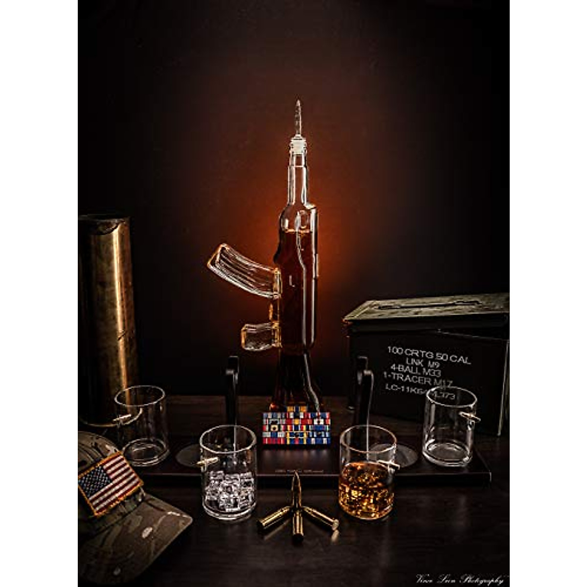 Gun Large Decanter Set Bullet Glasses - Limited Edition Elegant Rifle Gun Whiskey Decanter 22.5" 1000ml With 4 Bullet Whiskey Glasses and Mohogany Wooden Base By The Wine Savant