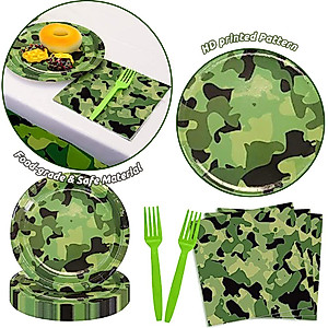Camo Party Supplies Set for 16 Guests Camouflage Themed Army Military Party Tableware Include Plates Napkins Forks Tablecloth for Birthday Baby Shower Party Decorations
