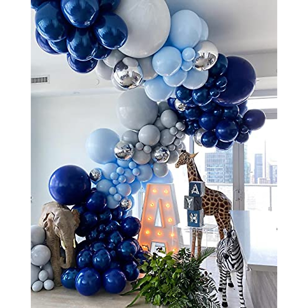 Wecepar 168pcs DIY Balloons Garland with Night Blue Macaron Blue Metallic Sliver Grey Balloon Arch Garland for Jungle Safari Theme Party Woodland Wedding Birthday Parties Baby shower Party Decorations