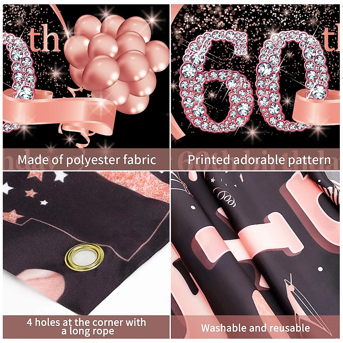 Lnlofen 60th Birthday Banner Decorations Backdrop for Women, Extra Large 60 Year Old Birthday Party Decor Supplies, Rose Gold Happy Sixty Birthday Sign Poster Photo Booth Props