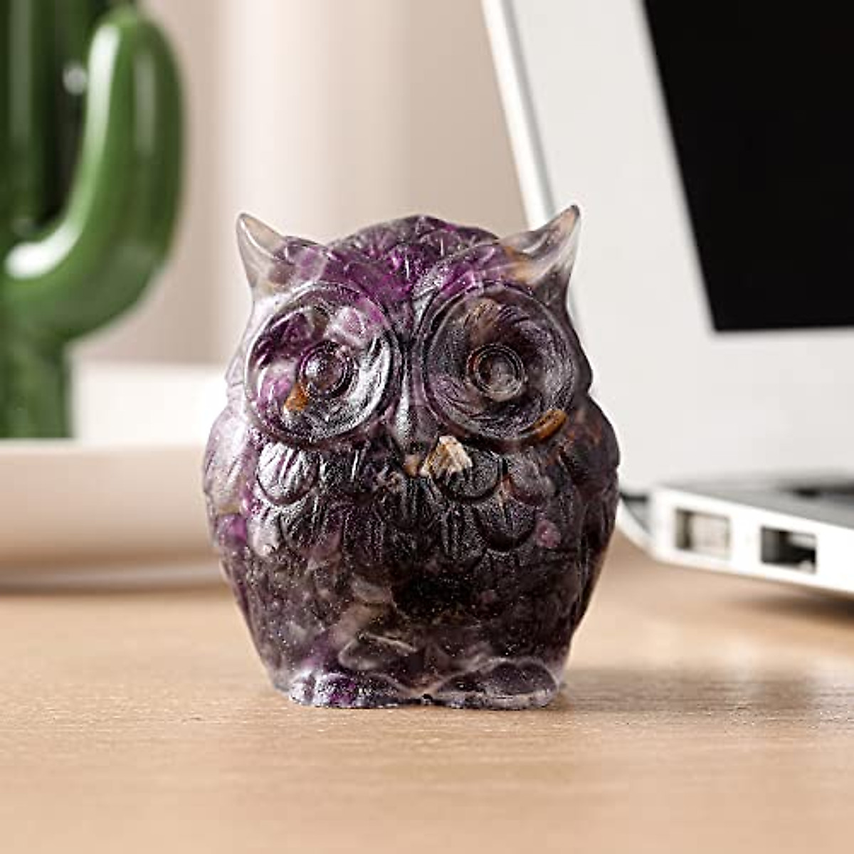 Reyife Hand-Carved Natural Crystal Owl Statue Reiki Healing Gemstone Animal Figurines Home Office Car Decoration Attract Good Luck The Best Gifts 2 inches(Amethyst)
