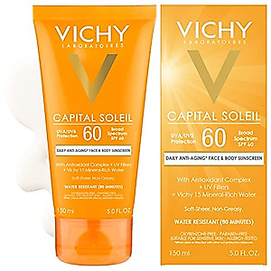 Vichy Capital Soleil Body & Face Sunscreen Lotion, Daily Anti Aging Sunblock with Broad Spectrum SPF 60, Dermatologist Recommended, Oxybenzone-Free, 5 fl. oz.