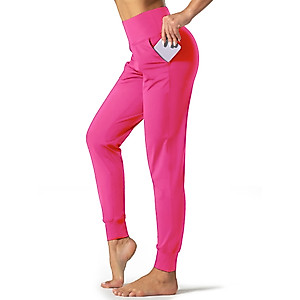 Wjustforu Women's Joggers Sweatpants High Waist Lounge Tapered Pants with Pockets Loose Track Cuff Leggings for Gym, Workout, Yoga (Small, Bright Pink)