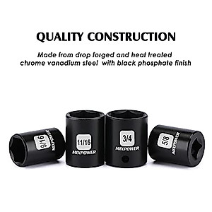 MIXPOWER 12 Pieces 3/8-Inch Drive Shallow Impact Socket Set, 5/16 to 1 inch, CR-V, SAE, 6 Point, Shallow, 12 Pieces 3/8" Dr. Socket