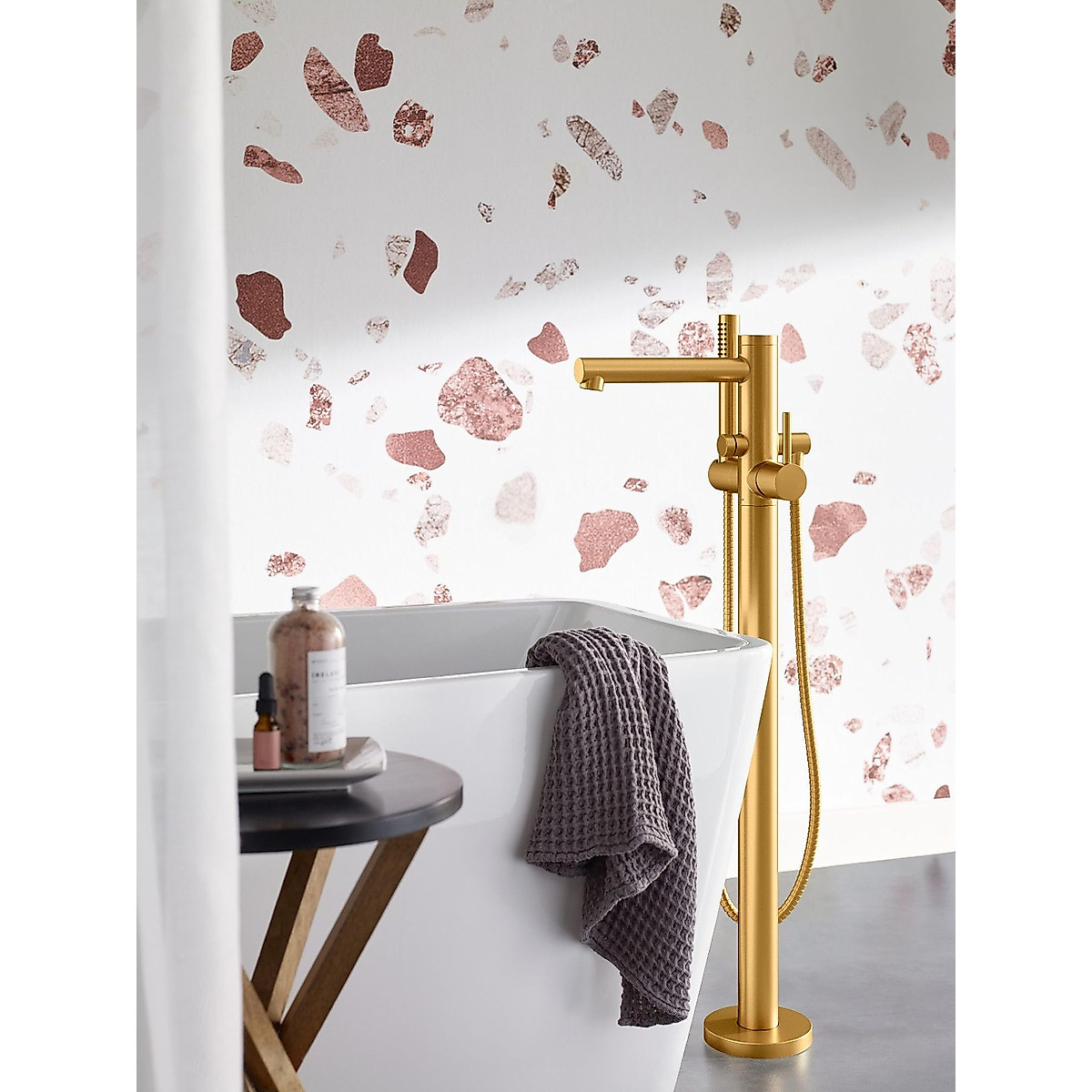 Moen Align Brushed Gold One-Handle Freestanding Floor Mount Tub Filler, Freestanding Tub Faucet with Handshower, 395BG