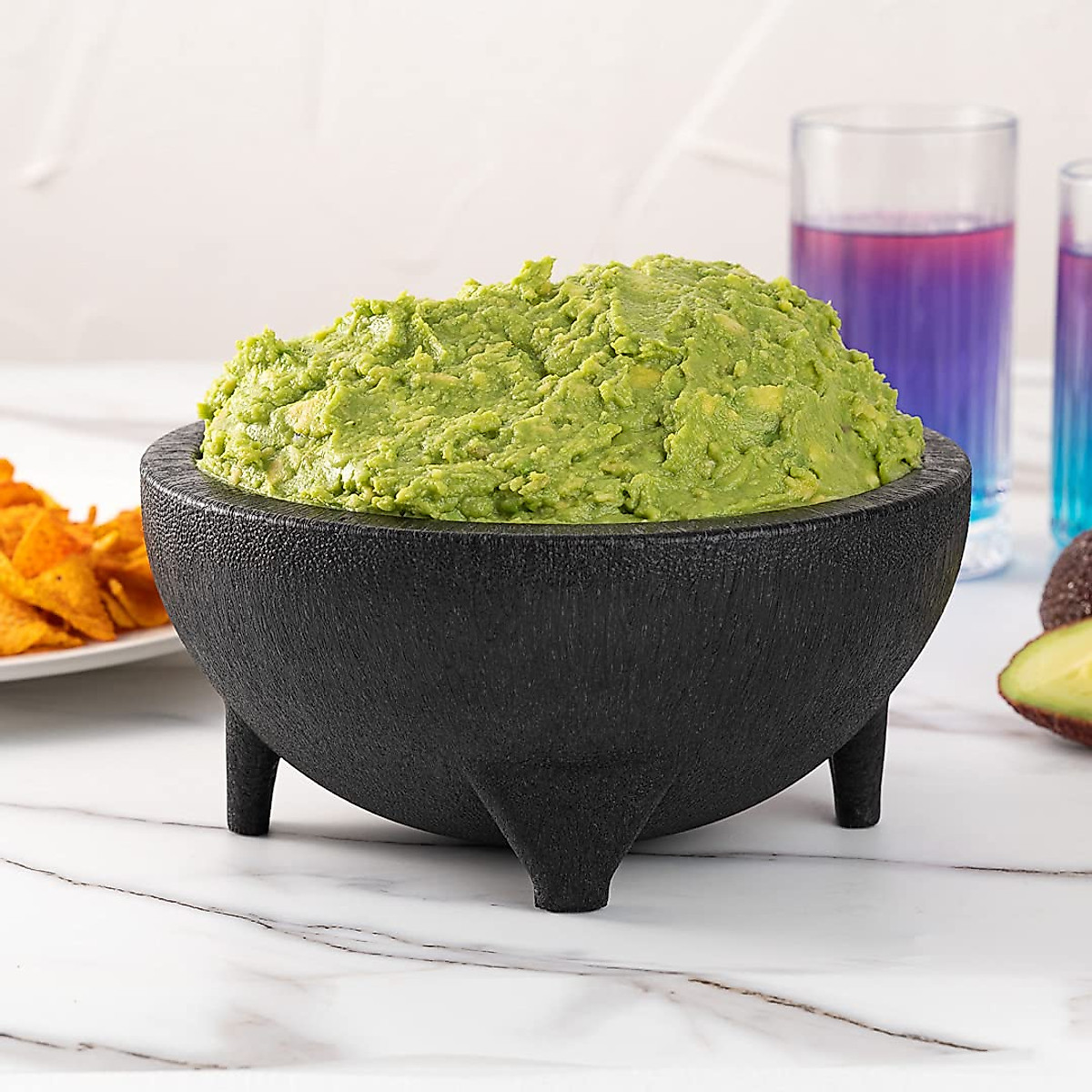 Restaurantware 56 Ounce Salsa Bowl 1 3-Legged Design Molcajete Bowl - Microwavable Dishwashable Black Plastic Salsa Bowl Shatterproof For Sauces Guacamole and Cheese Dip