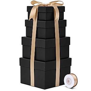 Shindel 4PCS Black Gift Boxes, Nesting Gift Boxes with Lids, Stackable Gift Boxes Square Gift Boxes, 4 Assorted Gift Boxes Different Sizes With Ribbon For Birthday Christmas Halloween