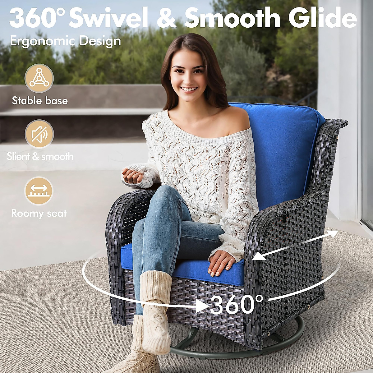 XIZZI Patio Furniture Set with Swivel Rocking Chairs,6 Pieces All Weather Wicker Outdoor Furniture with Sofa,High Back Patio Conversation Set for Balcony,Deck,and Backyard,Brown Rattan Navy Blue