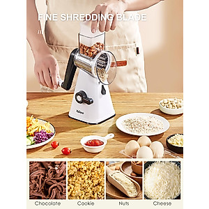 Yabano Rotary Cheese Grater Cheese Shredder with Handle, Vegetable Slicer for Kitchen, 3 Replaceable Stainless Steel Drum Blades, Easy To Use & Clean, Manual Nuts Grinder with Cleaning Brush, White