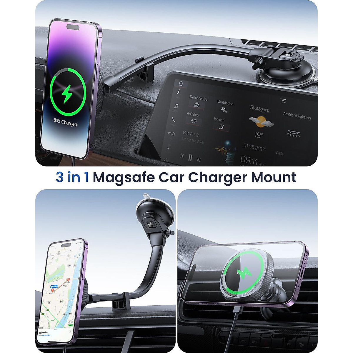OQTIQ Magnetic Wireless Car Charger Compatible with Magsafe Case/iPhone 14/13/12 Series, Fast Charging with Cooling Fan Car Phone Mount for Windshield Dashboard Air Vent [with QC 3.0 Adaptor]