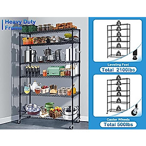 BIQWBIC 6 Tier Storage Shelves Wire Shelving Unit, 48" Lx18 Wx72 H Adjustable Heavy Duty Metal Shelving Rack with Wheels, NSF Adjustable Storage Shelf Garage Shelves-1320 Lbs Capacity, Black
