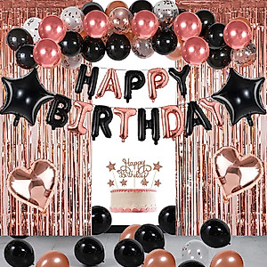 Rose Gold Black Happy Birthday Party Decorations for Women Girls, Decor Set for Her, Happy Birthday Banner, Foil Balloons, Fringe Curtains, Crown, Cake Topper for 13th 16th 18th 21st 30th 40th 50th
