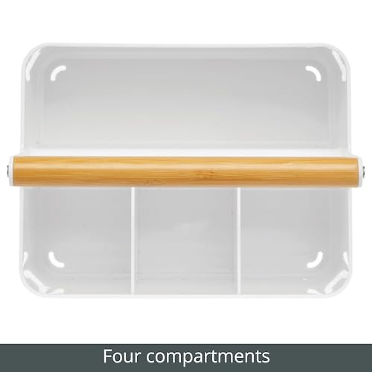 mDesign Plastic Portable Storage Organizer Kitchen Caddy Tote, Divided Bin w/Wood Handle for Napkins, Silverware, Forks, Knives, Spoons - Store in Cabinets, Counters - Aura Collection - White/Natural