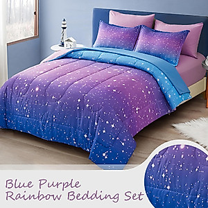 Drucon Rainbow Comforter Set Queen Size for Teen Girl &Boys,7 Pieces Bed in A Bag Blue Purple Rainbow Bedding Set Queen Size(1 Comforter, 1 Flat Sheet, 1 Fitted Sheet, 2 Pillow sham, 2 Pillowcases)