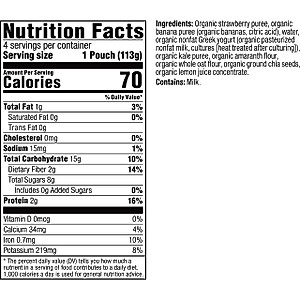 Plum Organics Mighty 4 Organic Toddler Food - Strawberry, Banana, Greek Yogurt, Kale, Amaranth, and Oat - 4 oz Pouch (Pack of 4) - Organic Fruit and Vegetable Toddler Food Pouch