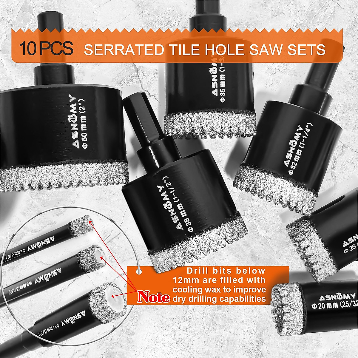 ASNOMY 10PCS Diamond Hole Saw Set, 1/4"-2"Inch Serrated Brazing Tile Hole Saw Diamond Core Drill Bits Set with EVA Mold Hole Saw Guide Jig for Porcelain Tile Glass Ceramic Stone Granite Marble