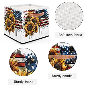 oooJHooo Storage Baskets for Shelves, Sunflower American Flag Waterproof Storage Bins, Collapsible Toy Storage Cubes Organizer with Handles, for Home Closet Nursery Office