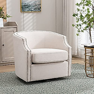 Swivel Glider Nursery Chair Rocker- Comfy Rocking Chair for Baby Nursery Mid Century Modern Accent Barrel Chairs for Living Room Curved Arm Chair with Nailhead Round Club Chair for Bedroom Beige
