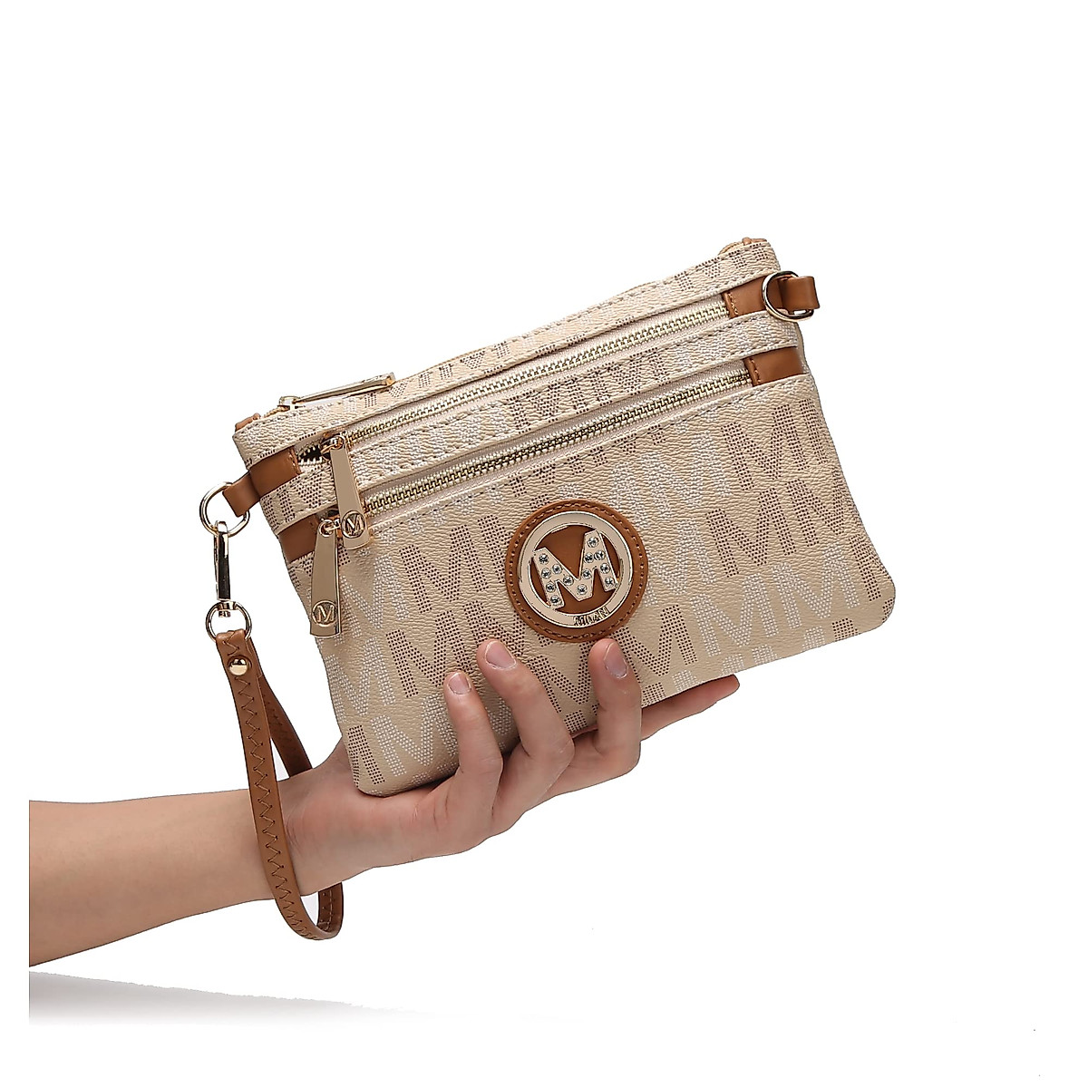 MKF 2 in 1 Crossbody Bags for Women, Wristlet Purse - Ladys Small PU Leather Messenger Handbag - Adjustable Strap Brown