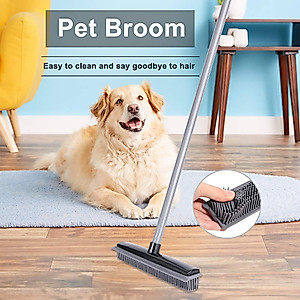 Pet Hair Remover Rubber Broom with Squeegee Edge 59 inches Adjustable Carpet Rake Long Handle Push Broom for Hair Pet Dog Carpet Hardwood Floor Tile Windows Cleaning