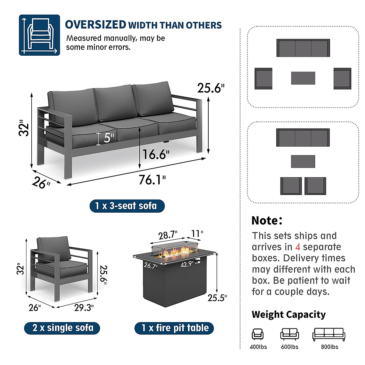UDPATIO Aluminum Patio Furniture with Fire Pit Table, 4 Pieces Modern Aluminum Outdoor Sectional Conversation Set with Grey Cushion