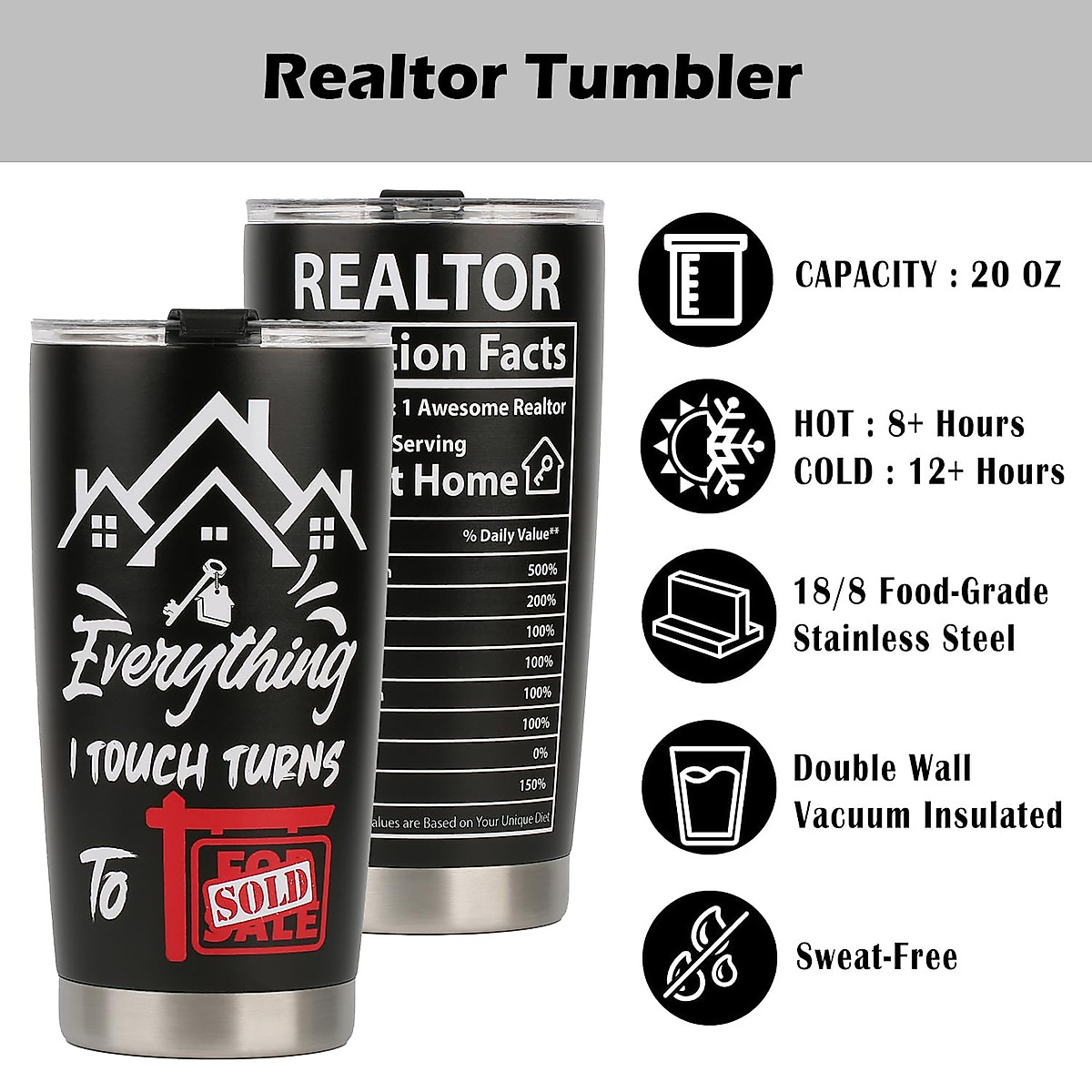 FROOBLEQUIRK Realtor Tumbler 20 Oz with Keychain – Real Estate Agent Gifts, Closing Gifts for Realtors, Must-Have Accessory