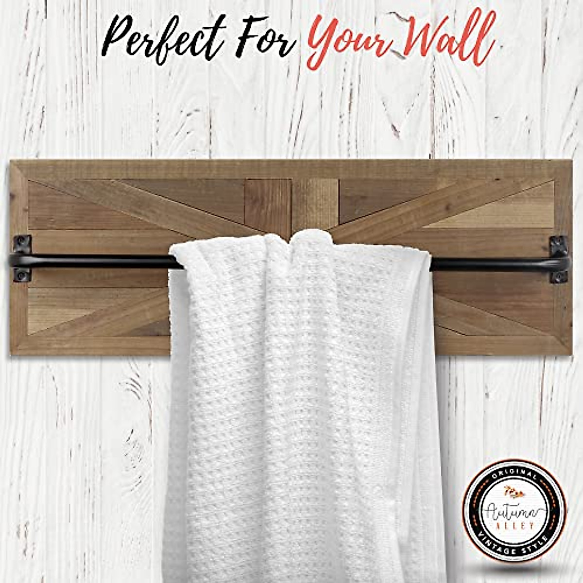 Autumn Alley Rustic Farmhouse Towel Rack – Stunning Barn Wood Farmhouse Bathroom Decor for Wall – Expertly Inlaid Wood with Matte Black Bar for Rustic Bathroom Decor