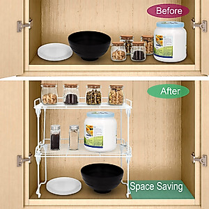 iPEGTOP Stackable Cabinet Shelf Organizers, Set of 2 Kitchen Countertop Cupboard Storage Rack, Pantry Stand Shelves Space Saving for Kitchen, Bedroom, Bathroom, White