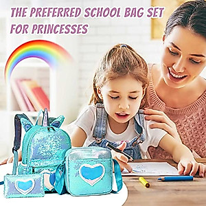 Muizary 3Pcs Cute Unicornios Backpack Set with Lunch Bag, Elementary Knapsack Rainbow Sequins bookbag for Girls and Woman -L(blue)