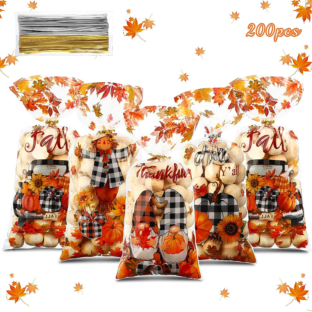 200 Pieces Thanksgiving Treat Bags Fall Cellophane Favor Bags Autumn Plaid Treat Bags Maple Leaves Pumpkin Fall Candy Bags with Twist Ties for Thanksgiving Fall Autumn Party Supplies