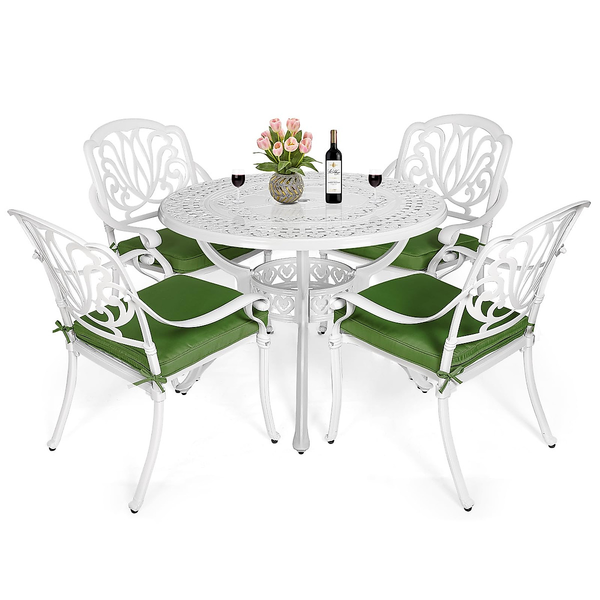 MEETWARM 5 Piece Patio Dining Set, Outdoor All-Weather Cast Aluminum Dining Table Set, Patio Furniture Set for Backyard Garden Deck, Include 4 Chairs, 4 Cushions and 1 Round Table, White