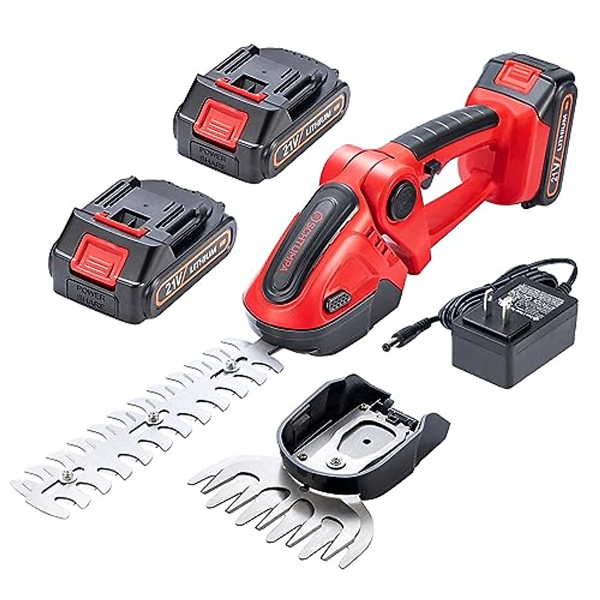 SCHTUMPA 21V 1260-RPM Cordless Grass Shears, 2-in-1 Mini Hedge Trimmer Cordless, Handheld Grass Trimmer Cordless, Electric Bush Trimmer Cordless, 2 Batteries and Charger Included,Red