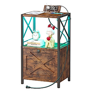 Homeiju Nightstand with Charging Station and LED Light, End Table with Large Drawers and Open Shelf, Side Table with USB Ports and Outlets, Bed Stand End Table for Bedroom, Rustic Brown