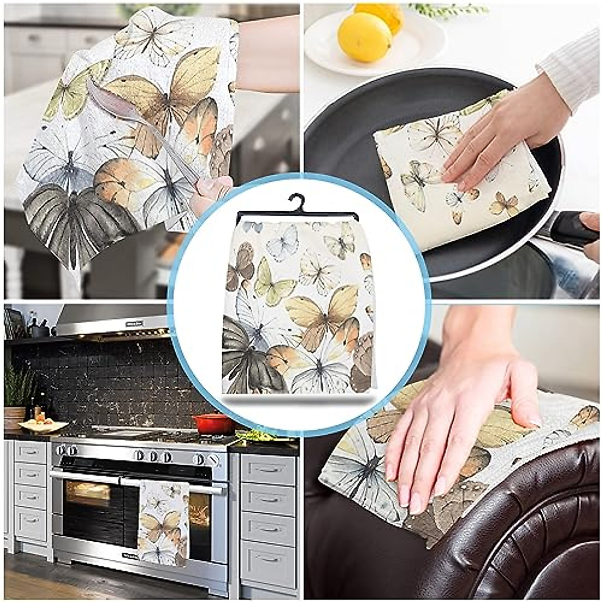 Big buy store Grey Green Brown Butterfly Tea Kitchen Dish Towels Set of 4, Soft Lightweight Microfiber Absorbent Hand Towel Yellow Gradient Towel for Kitchen Bathroom Cleaning Decor Gift 18x48 Inch