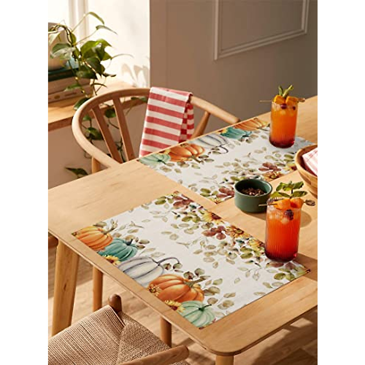 Fall Eucalyptus Leaves Thanksgiving Placemat for Dinning Table Placemat Set of 6-Cotton Linen Waterproof Table Mat Pumpkins Harvest Sunflowers Floral Place Mat Rustic Farmhouse Holiday Dinner Decor
