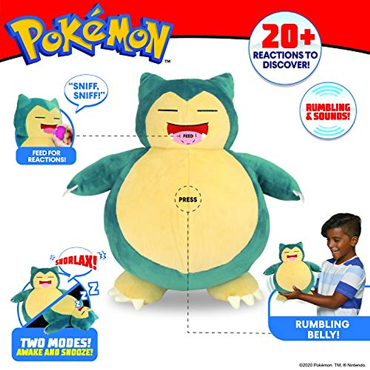 Pokemon Snooze Action Snorlax Plush, 10-Inch Plush Toy - Features Over 20 Authentic Snorlax Sounds, with 2 Modes of Play: Asleep & Awake, Plus Vibrating Belly - Eats Pecha Berry (Included)