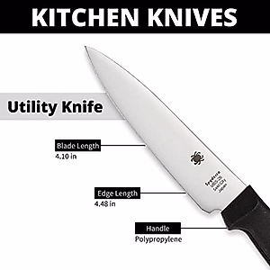 Spyderco Lightweight Kitchen Utility Knife with 4.5" MBS-26 Stainless Steel Blade and Black Polypropylene Plastic Handle - PlainEdge - K05PBK