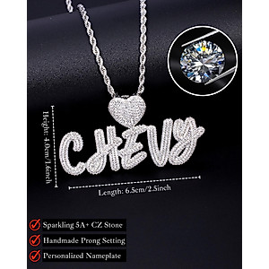 Iced Out Personalized Cursive Name Heart Necklace, Custom Nameplate Pendant Handmade with Cuban Link Chain, Hip Hop Initial Letter Diamond Jewelry Gifts Gold and Silver Color Plated for Man and Woman (Silver/Heart Hook)