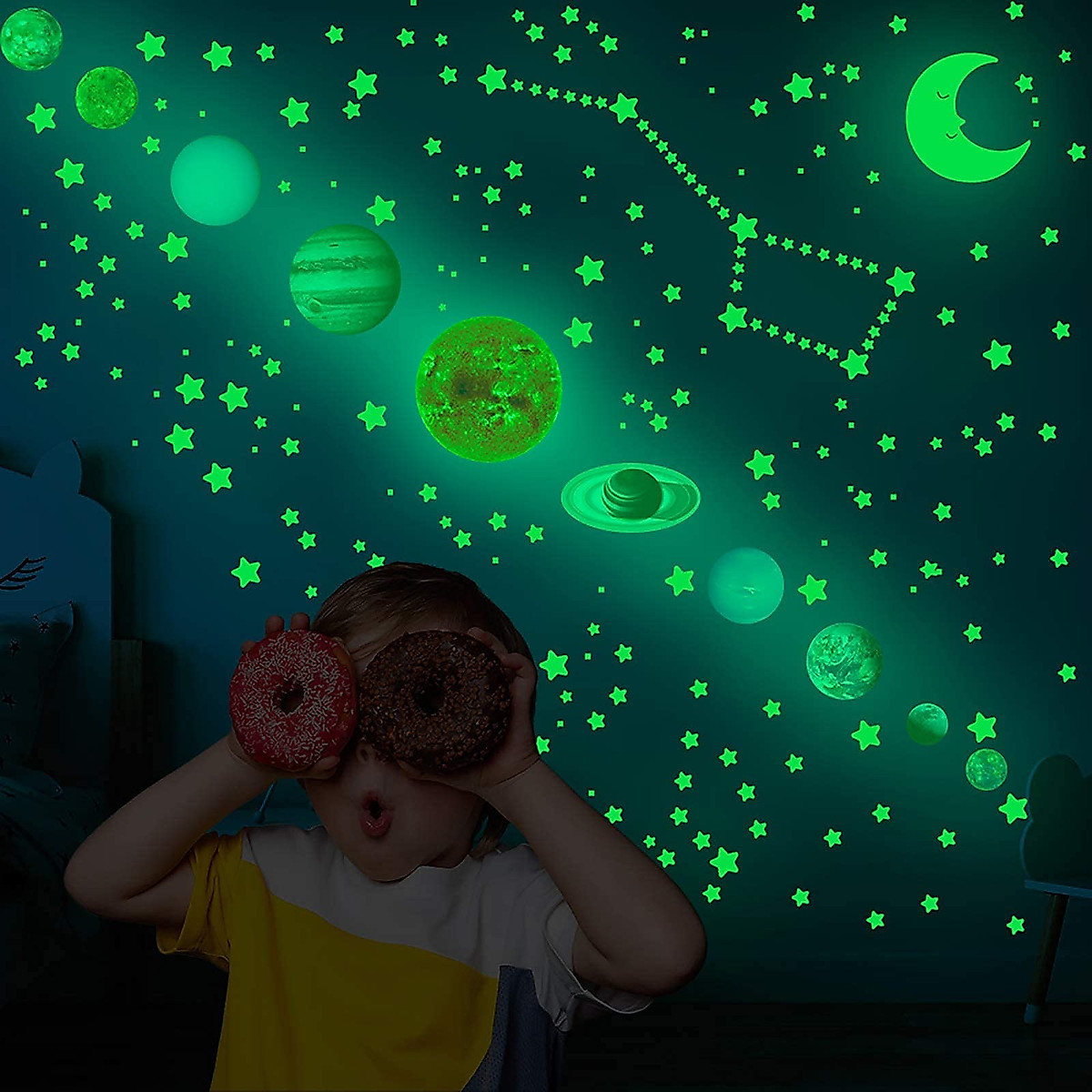 Glow in The Dark Stickers for Ceiling, 525Pcs Dark Stars and Moon Decals Wall Stickers Solar System Shining Decoration, Glowing in The Dark Ceiling Decors for Kids, Boys, Girls Bedroom