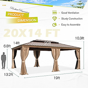 EROMMY 14' x 20' Hardtop Gazebo, Wooden Finish Coated Aluminum Frame Gazebo with Galvanized Steel Double Roof, Brown Metal Gazebo with Curtains and Nettings for Patios, Gardens, Lawns