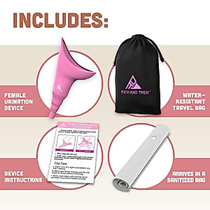 Pitch and Trek Female Urination Device, Silicone Standing Pee Funnel w/Discreet Carry Bag, for Travel, Road Trip, Festival, Camping & Hiking Gear Essentials for Women, Pink