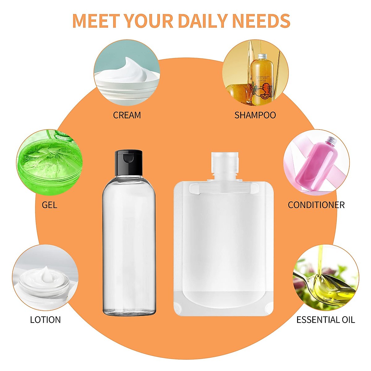 Clear Plastic Empty Squeeze Bottles 5 Pack 3.4oz/100ml Travel Bottles and 3 PCS Refillable Empty Squeeze Pouch TSA Approved Refillable Travel Pouches for Shampoo Conditioner Cosmetics with Lables