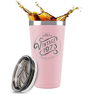 50th Birthday Gifts for Women Men - 1973 Vintage 16 oz Blush Coffee Tumbler - 50th Birthday Decorations for Women - Birthday Gifts 50 Year Old Women Mom - 50th Birthday Idea Presents for Woman
