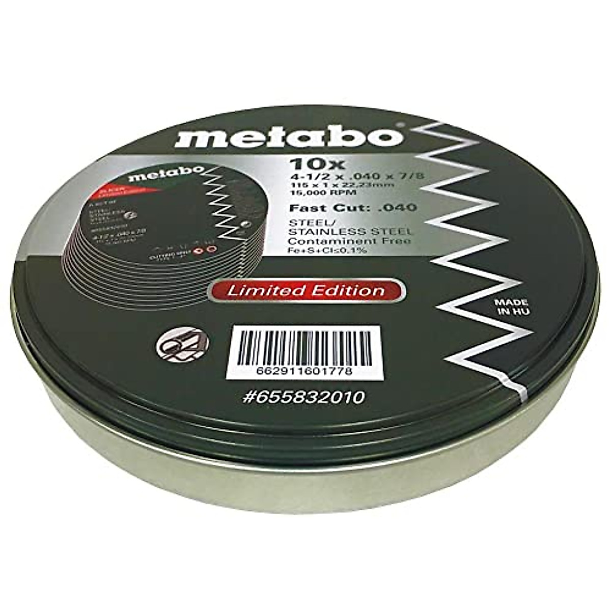 Metabo - Application: Steel/Stainless Steel - Slicer Wheel Promo Tin, 4.5"X.040x7/8 A60T, Pk 10 (655832010), Type 1 "Slicer" Wheels