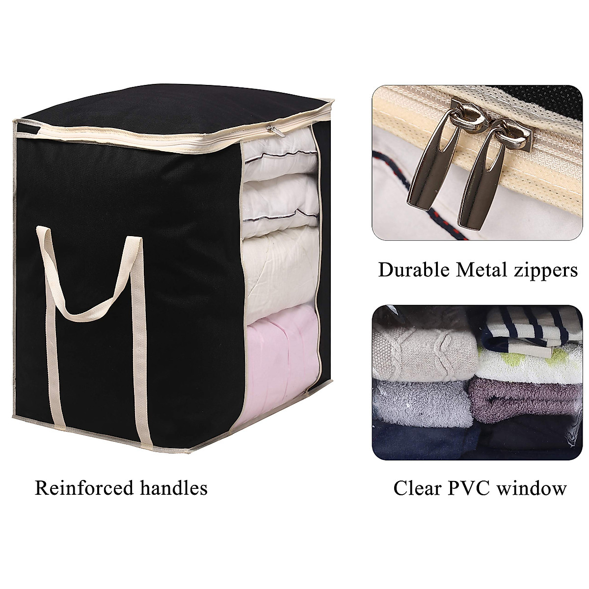 MISSLO King Comforters Storage Bag 120L for Blankets Clothes Sweaters Beddings Organizer with Reinfored Handles Non-Metal Fabric Storage Bin Organizer, Black